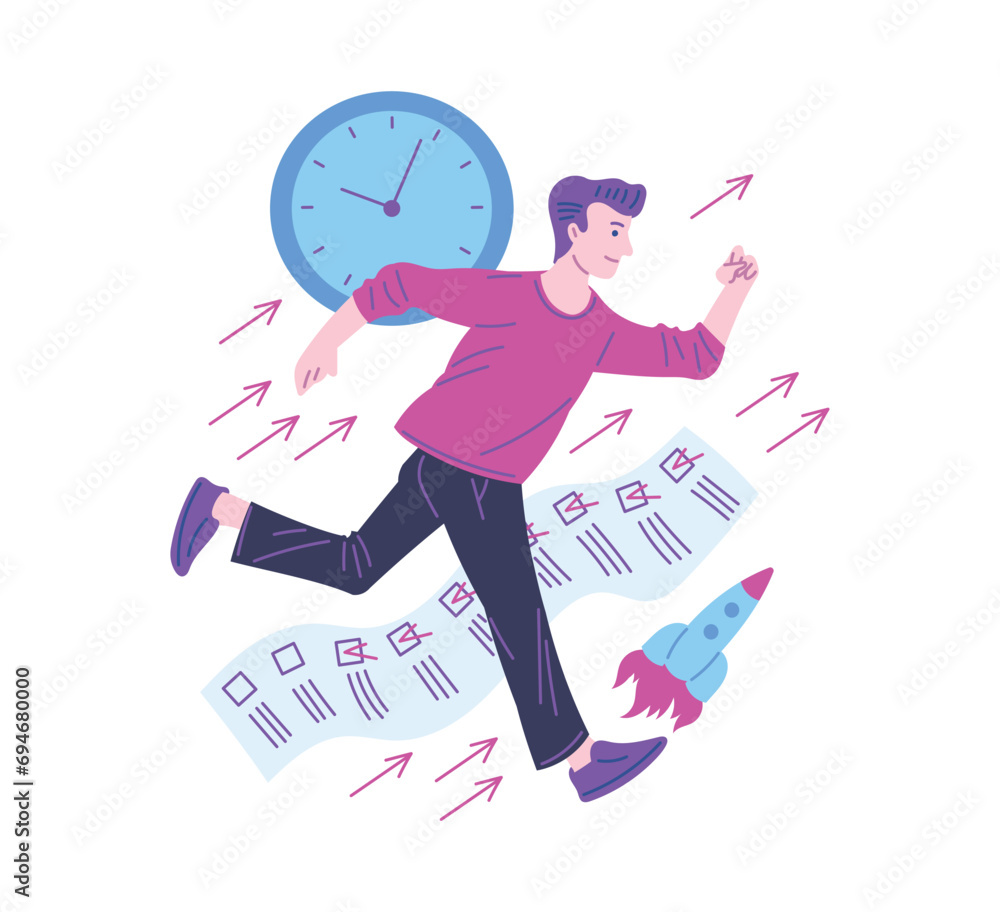 Man runs fast like a rocket to get everything done, vector effective ...