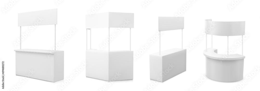 Advertising and promo booth stand. Realistic vector illustration set of ...