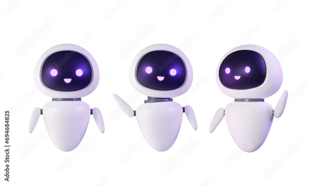 Set of Ai chatbot 3D render. Neural cute mascot in various pose, robot ...