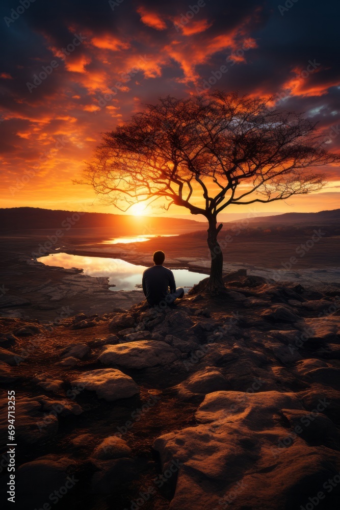 Solitary man on a hillside, captivated by the enchanting colors of a ...