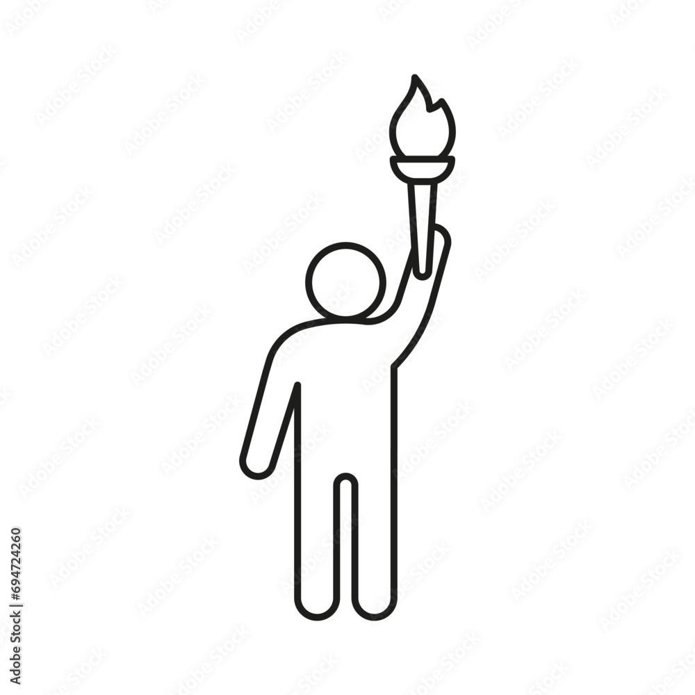 Torch with fire in hands of person, line icon. Burning torch symbol of ...