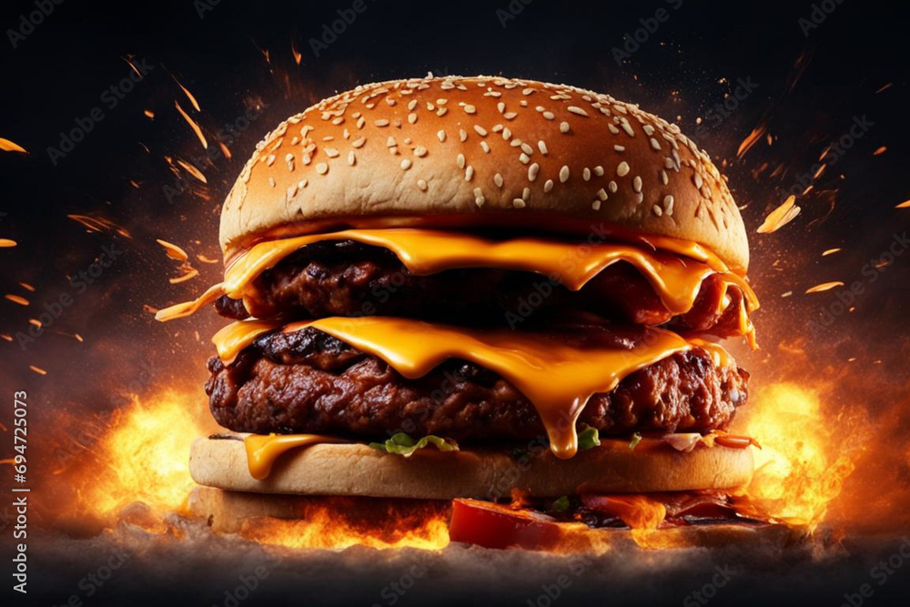 Mouthwatering delicious double decker burger with all the classic ...