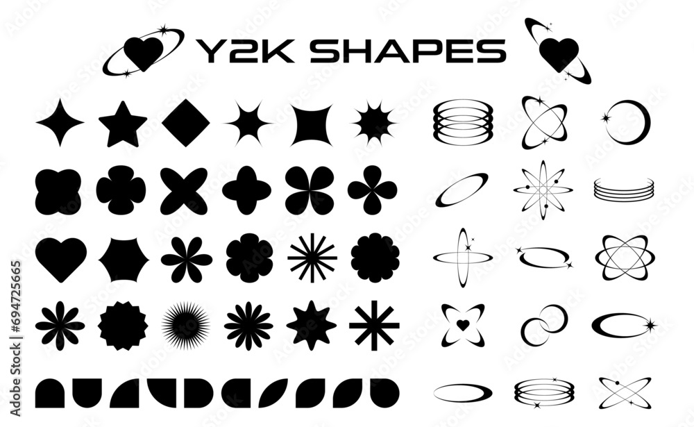 Set of abstract retro futuristic Y2K elements and shapes isolated on a white background. Y2K ...