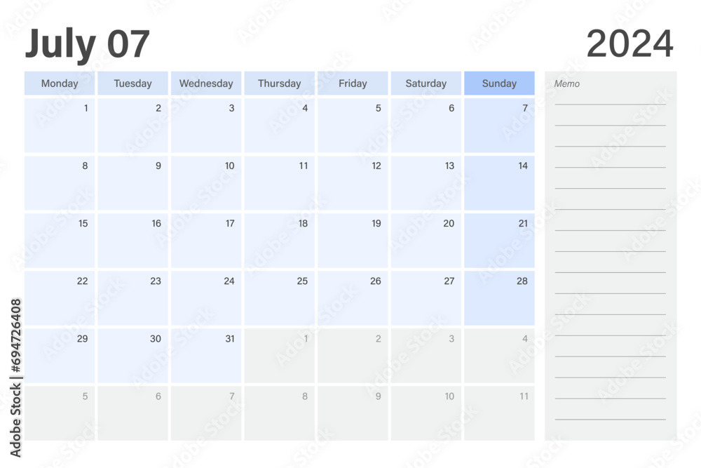 2024 July desk planer calendar weeks start on Monday in light blue and ...