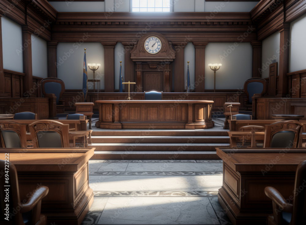Empty, somber courtroom with a judge's bench, witness stand, and jury ...