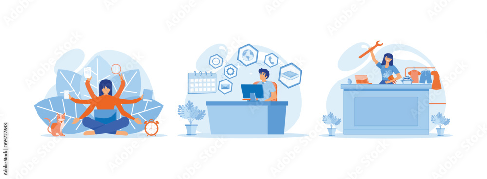 position and doing many tasks at the same time, multitasking skills ...