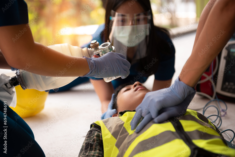 First aid, CPR, Rescue teams save lives by starting compressions using ...