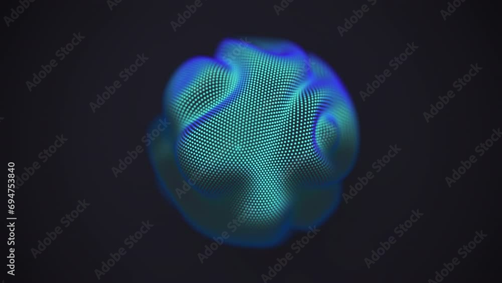 3D blue sphere made of flowing digital particles on black background ...