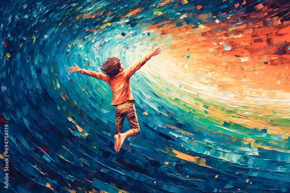 Abstract colorful painting of kid,child floating in fantasy sky with ...