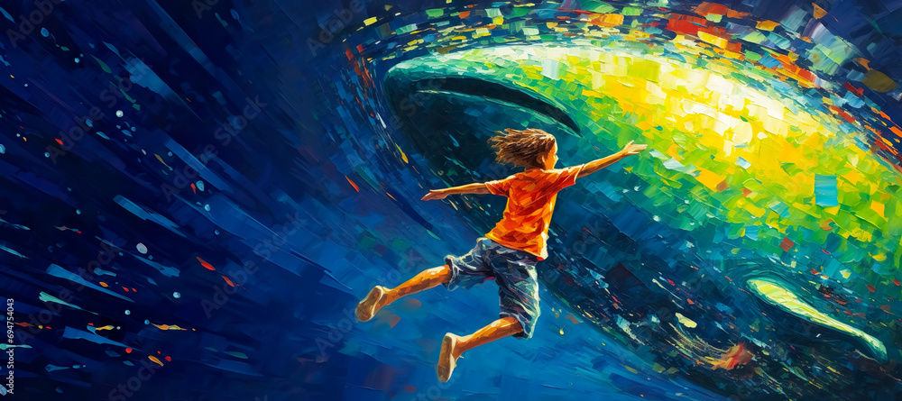 Abstract colorful painting of kid,child with whale or animal mysterious ...