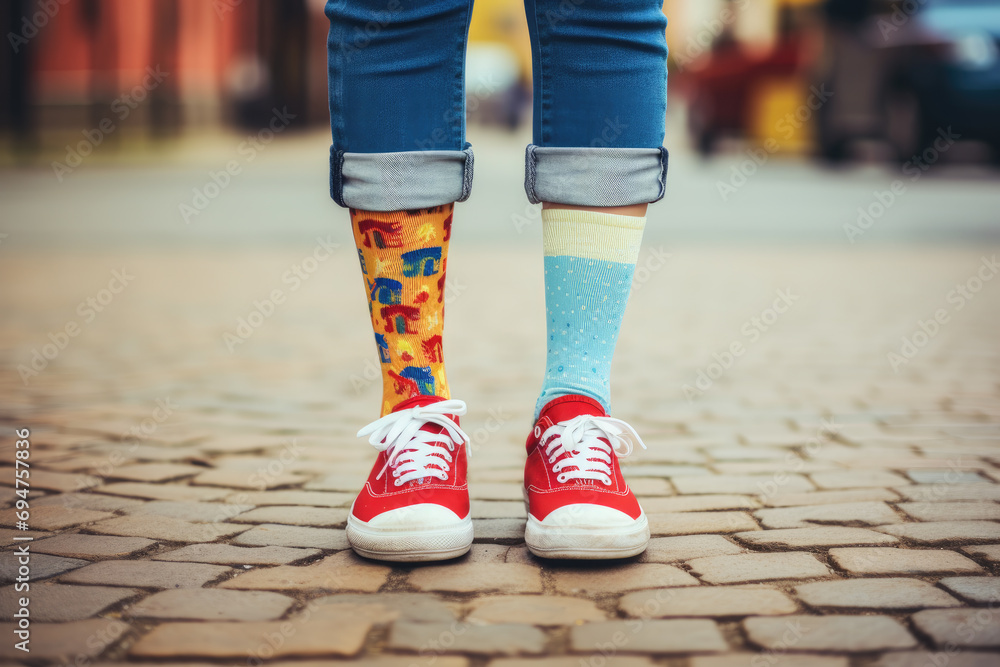 Kid legs with different pair of socks and red sneakers standing in the ...