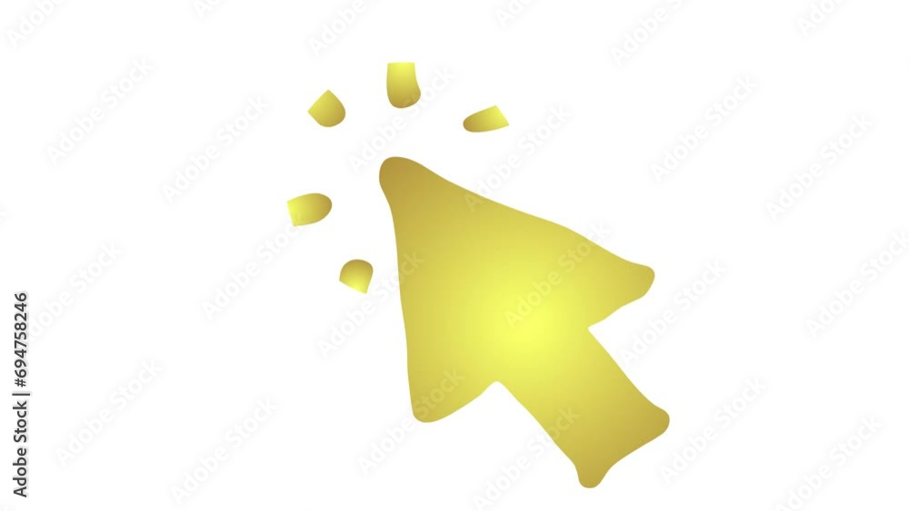 Animated golden symbol of mouse cursor with rays. Arrow moves and ...