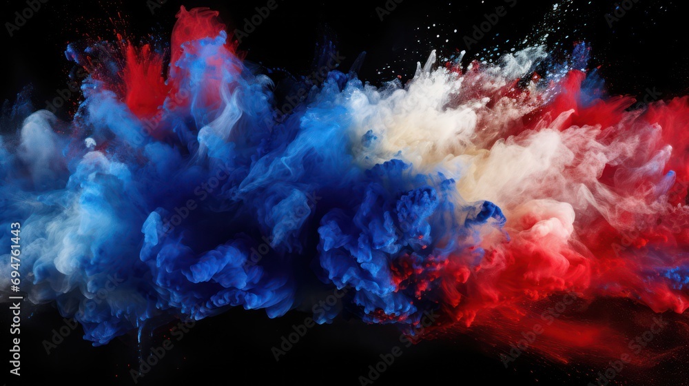 Red, blue, and white powder explosion on black background. Splashes of ...