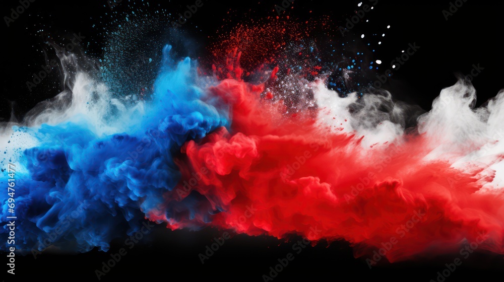 Red, blue, and white powder explosion on black background. Splashes of ...