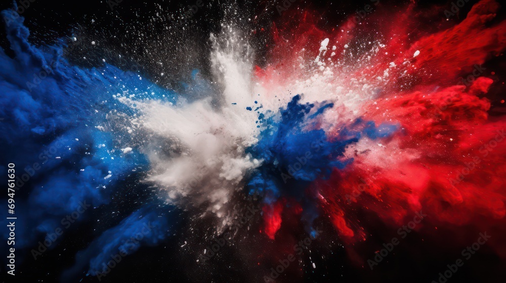 Explosive bursts of red, blue, and white powder on a black background ...