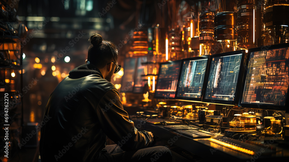 A person in a dark, futuristic control room monitors multiple screens with complex data ...