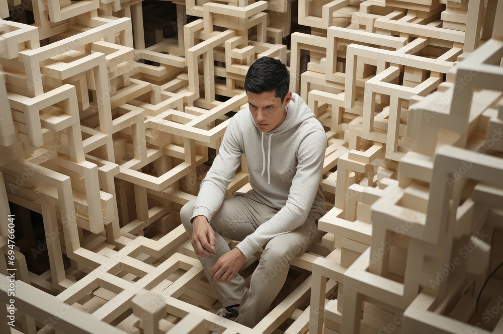Perplexed Man stuck in the middle of maze. Confused male blocked in ...