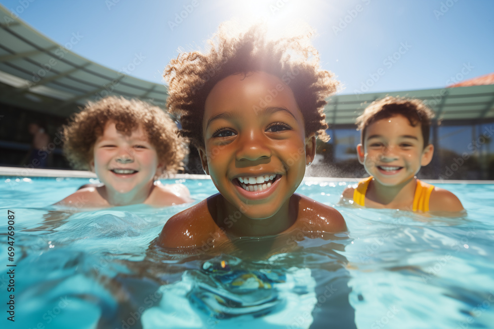 young children enjoying swimming lessons in pool, learning water safety ...