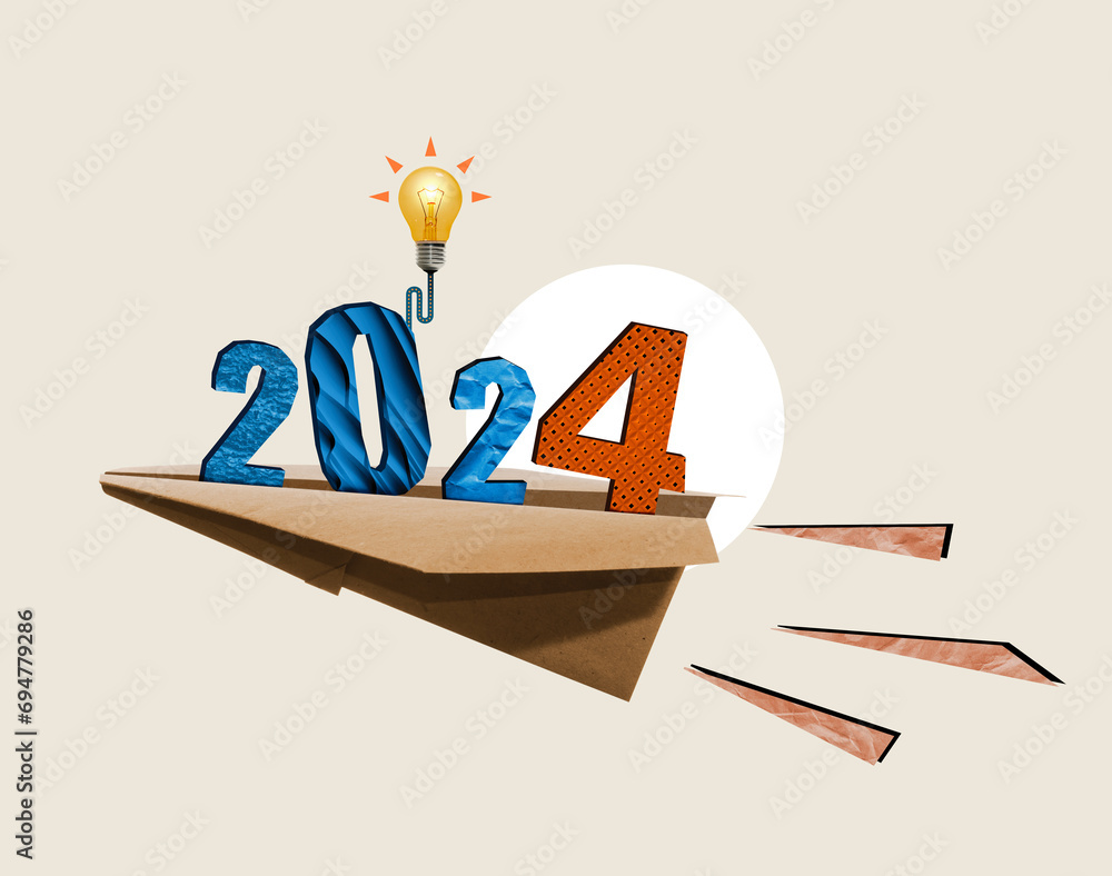 Paper airplane with numbers 2024. Innovation in the new year. Stock ...