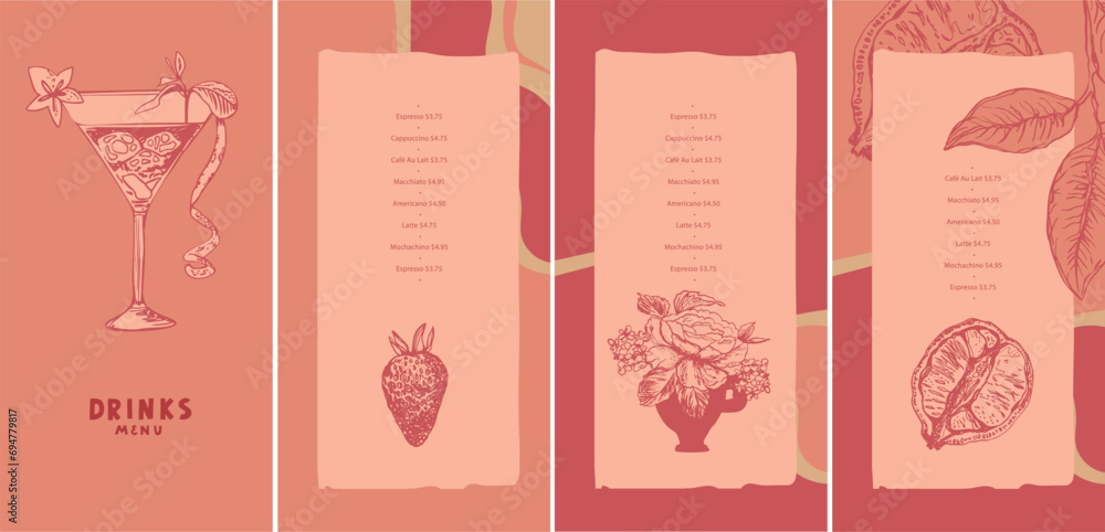 Vector drinks menu design template. Cocktail and drink ingredients drawn in stroke style. Layout ...