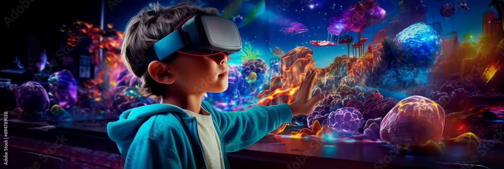 Augmented Reality Adventure child exploring an augmented reality world through smart glasses ...