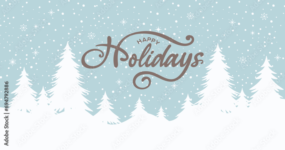 Happy Holidays printable card, banner, winter forest background, snow ...