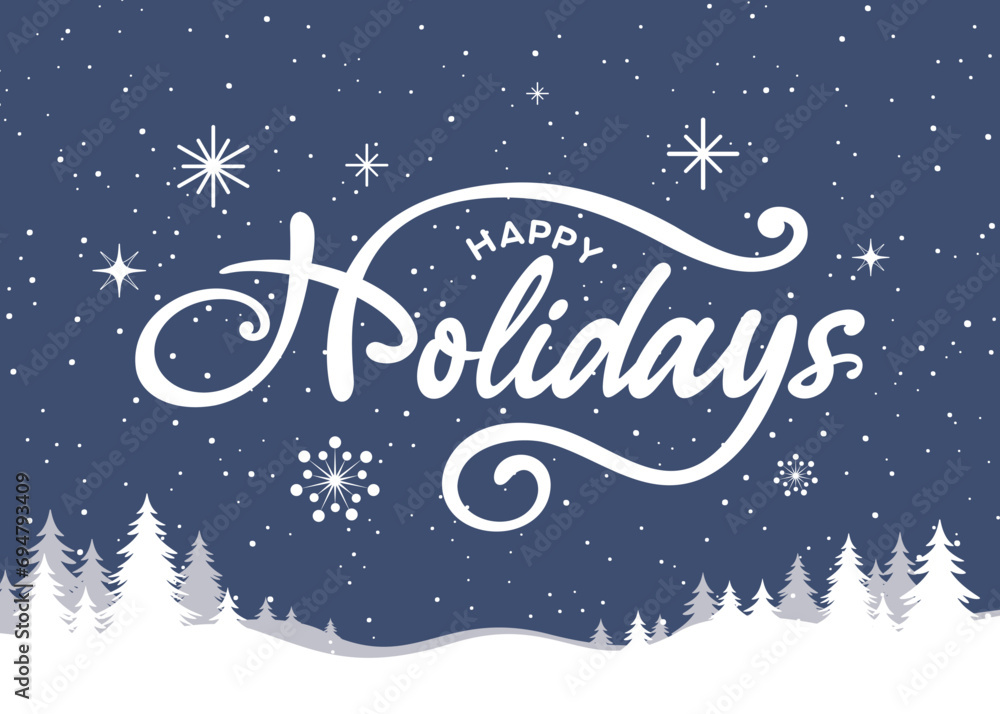 Happy Holidays printable banner, card, winter forest background, vector ...