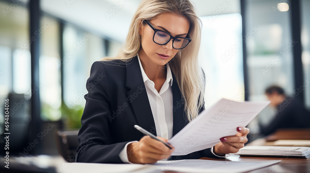 A female lawyer reviewing documents in her office, Business woman ...