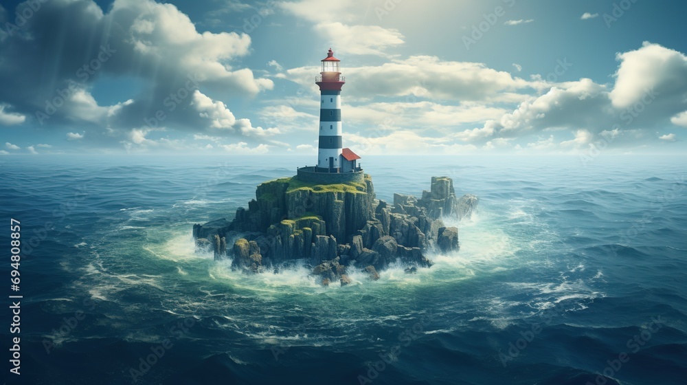 Guidance concept , Lighthouse on small island in middle of the ocean ...
