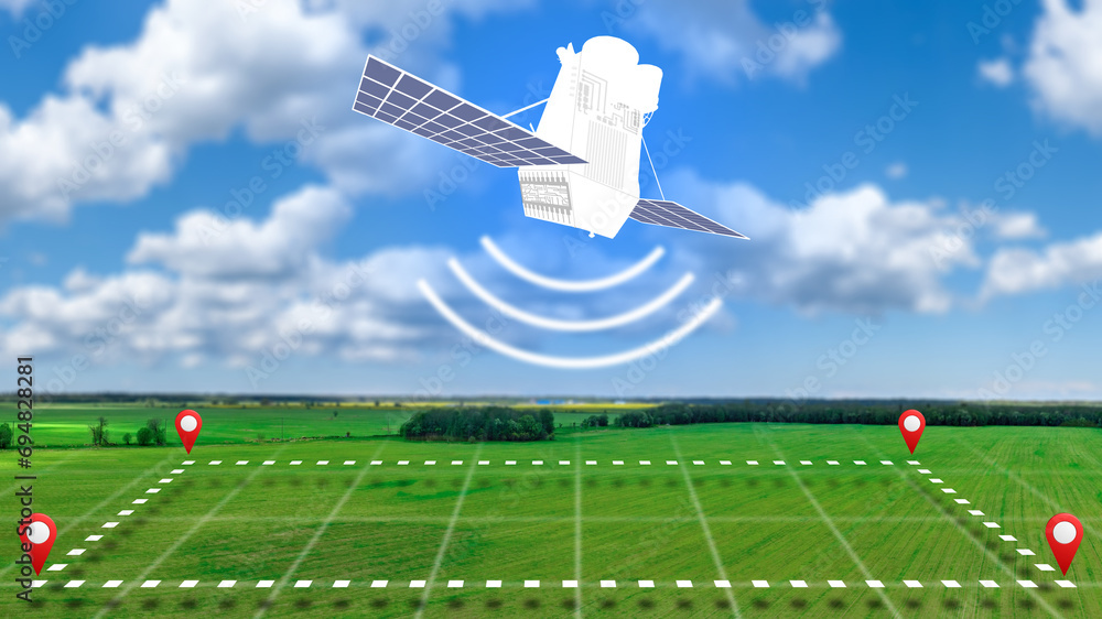 Geodetic satellite in sky. Topographical image of earth from space. Topographic satellite flies ...