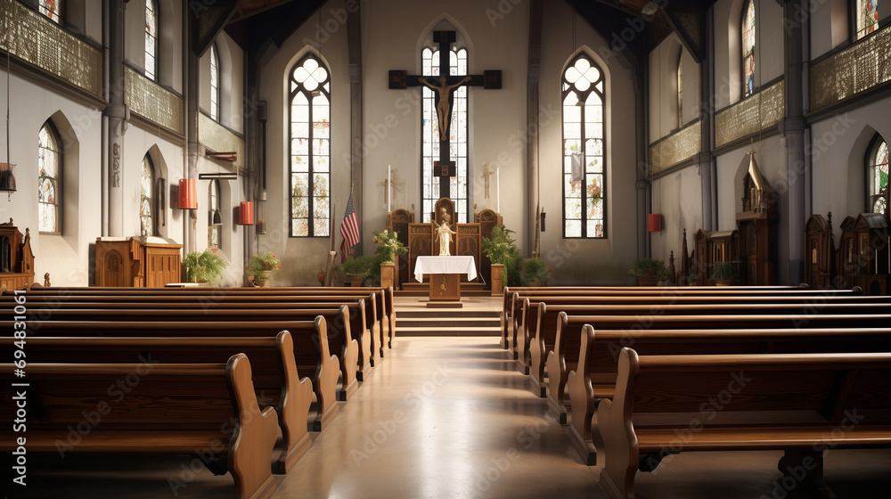 Modern Church Interior With Wooden Benches and An Enormous Cross On The ...