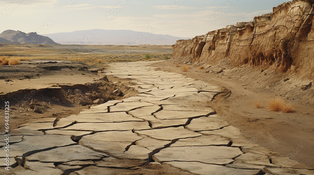 A stunning hyperrealistic illustration of a cracked desert landscape ...