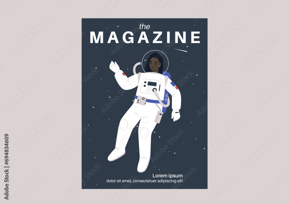 A science magazine cover with a young astronaut, adorned in a spacesuit ...