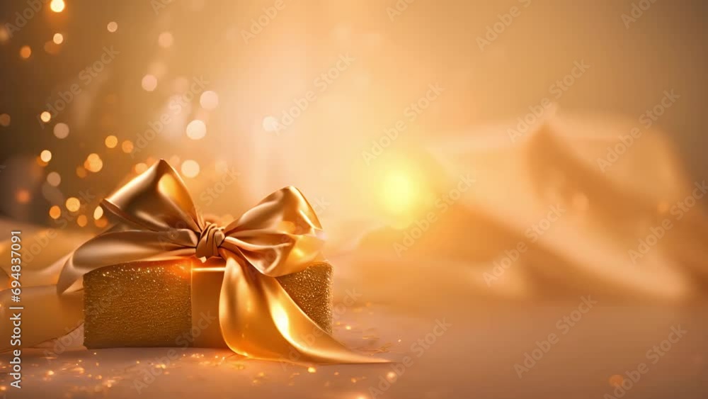Golden gift box with bow and ribbon on Gold Glitter Background. Looping ...