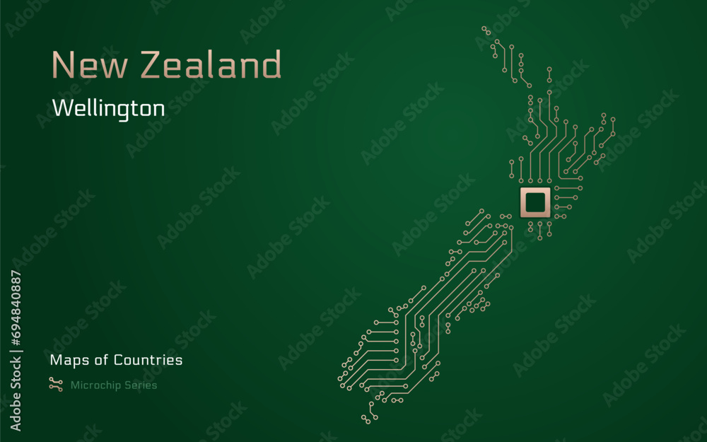 New Zealand Map with a capital of Wellington Shown in a Microchip ...