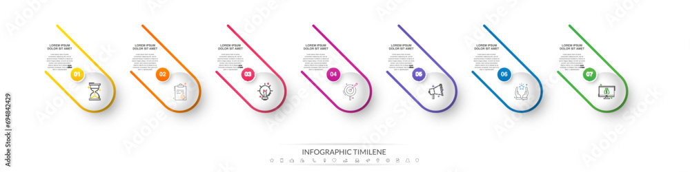 Seven colorful circles are connected with lines and icons. Vector ...