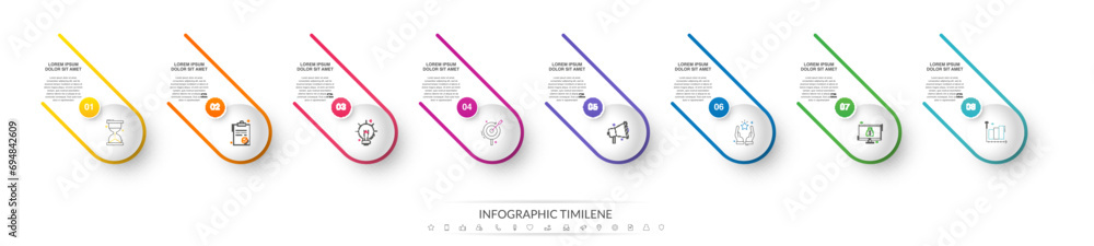 Eight colorful circles are connected with lines and icons. Vector ...