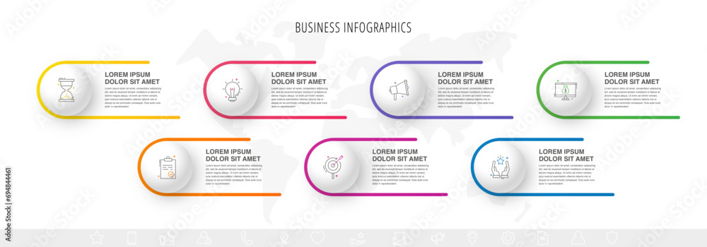 Seven colorful circles are connected with lines and icons. Vector ...