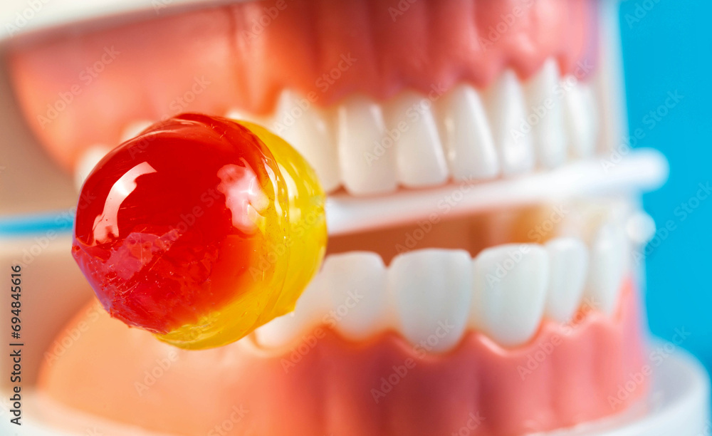 Candy on a stick in a tooth jaw mockup on a blue background. Concept of ...
