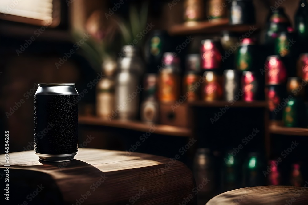 black packaging aluminium beverage can mockup in elegant stone interior ...