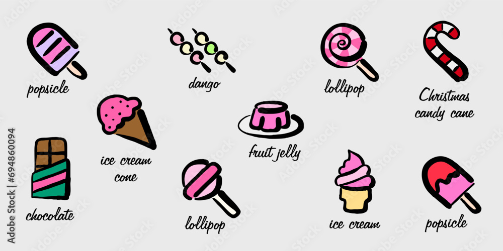 Hand-drawn desserts. Desserts icons. Educational poster with the names ...
