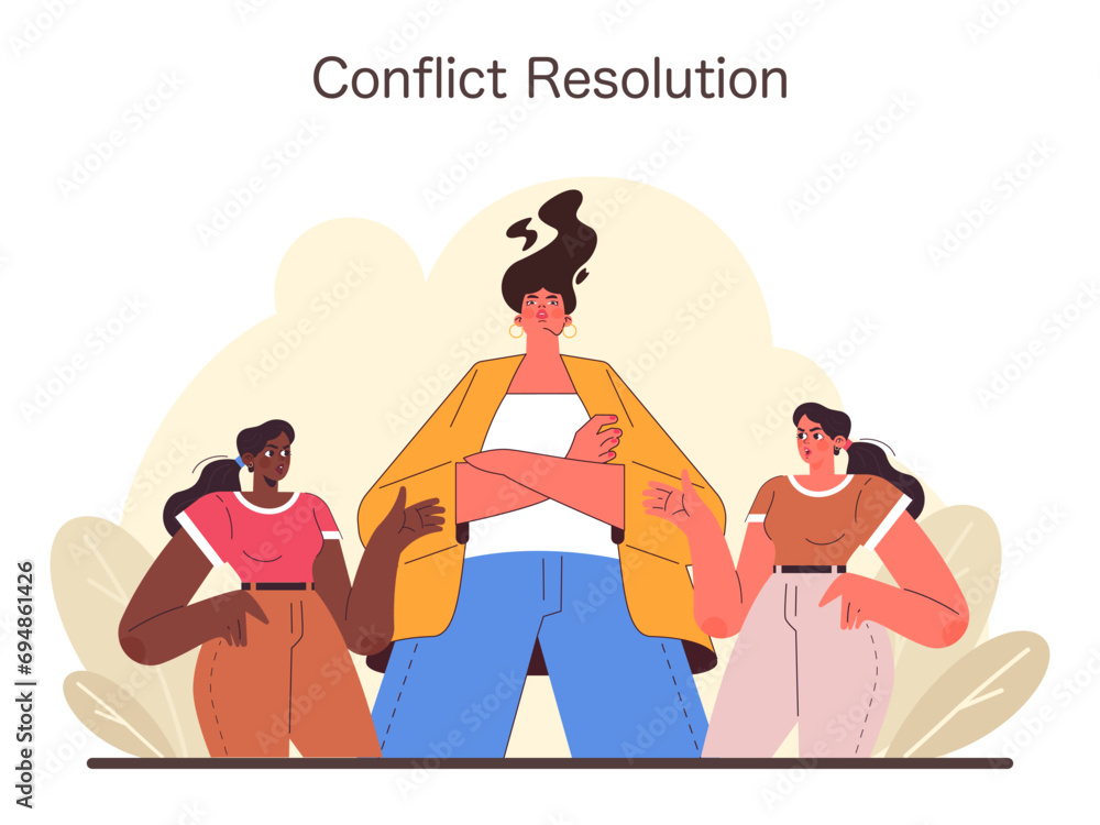 Conflict Resolution concept. A mediator calmly intervening between two ...