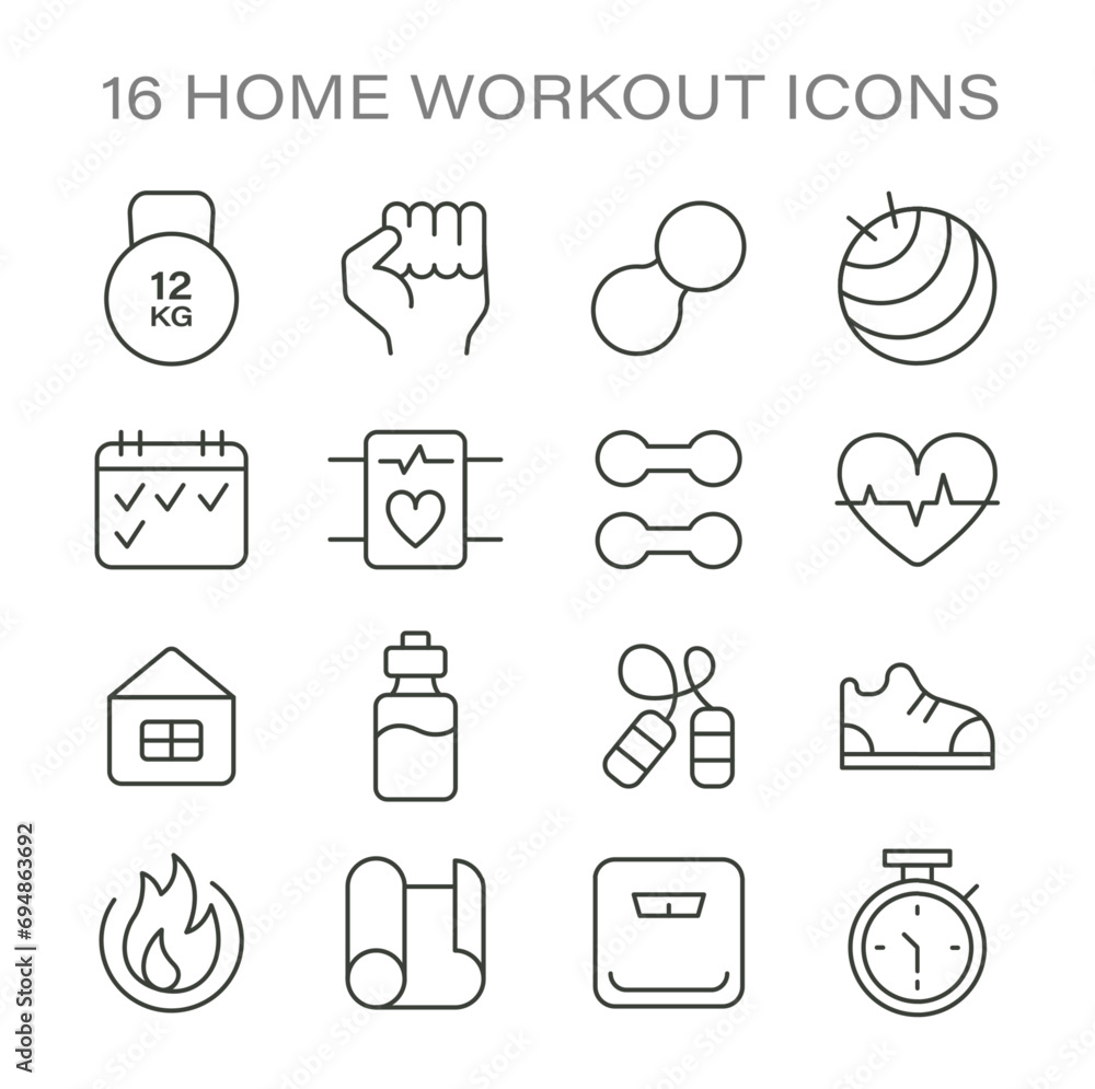 Essential Home Workout Icons set. Symbols represent key fitness ...