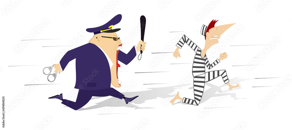 Angry police officer running after a prisoner. Male police officer with ...