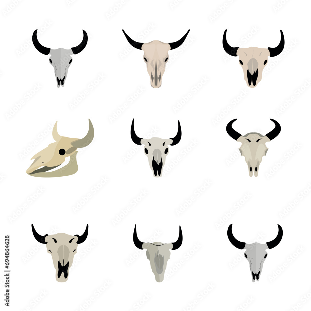 Bison Skull Vector Illustration Set With Isolated Clip Art White ...
