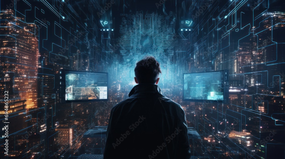 Depict a skilled cyberpunk hacker in a futuristic setting, surrounded by holographic interfaces ...