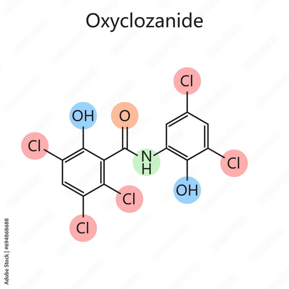 Chemical organic formula of Oxyclozanide diagram hand drawn schematic ...