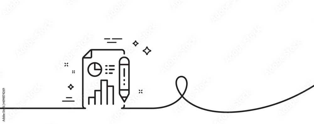 Report Document Line Icon Continuous One Line With Curl Column Graph Sign Growth Diagram Pie