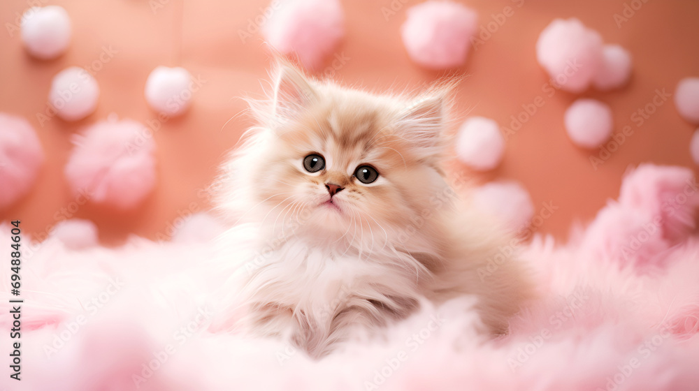 Fluffy kitten among pink pom-poms on a soft peach fuzz background ...