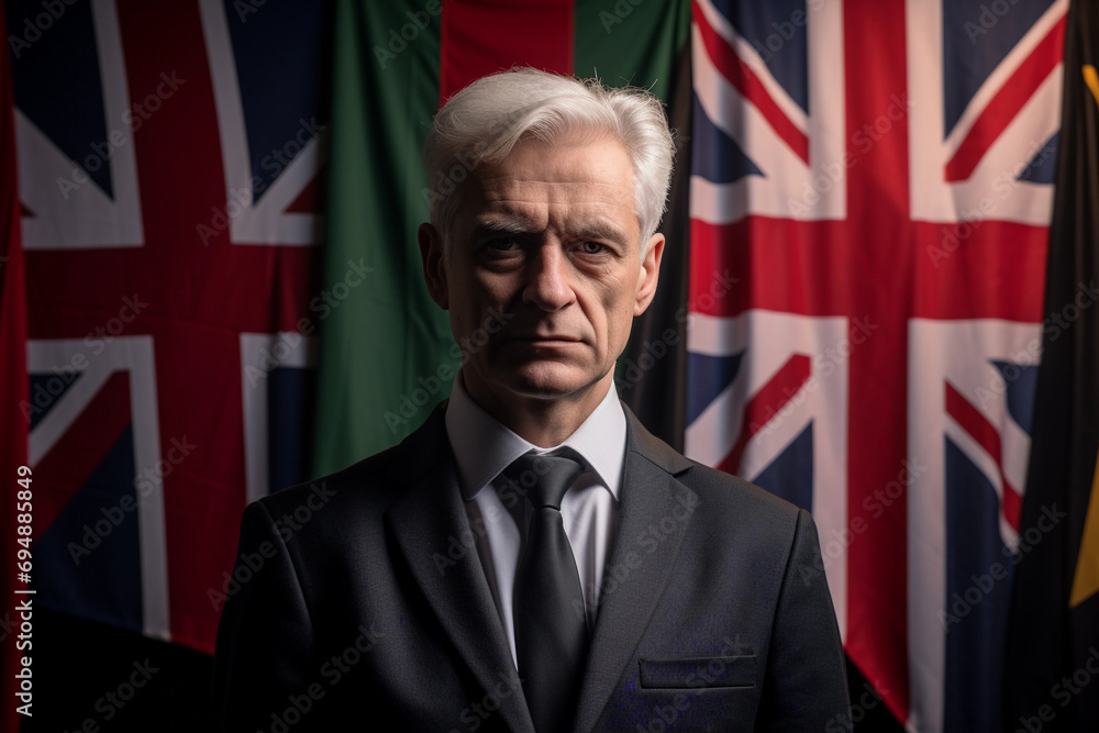 Diplomatic portrait, international flags backdrop, formal black suit ...